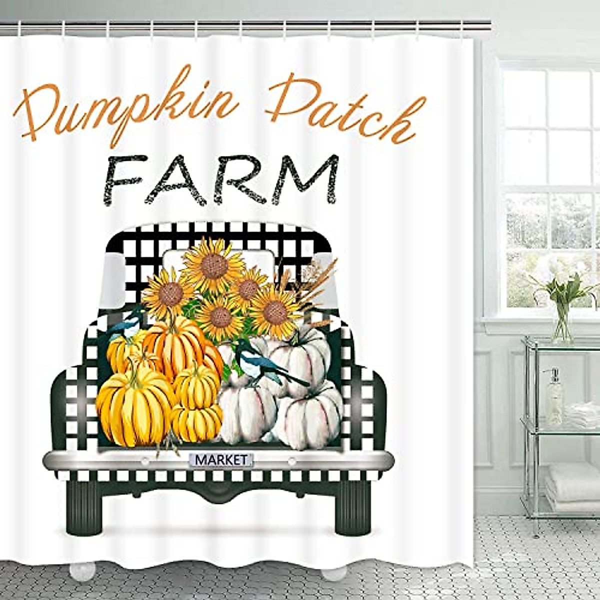 Ikfashoni 4Pcs Fall Shower Curtain Set with Non-Slip Rugs, Toilet Lid Cover and Bath Mat, Thanksgiving Farmhouse Truck Shower Curtain with 12 Hooks, Autumn Pumpkin Shower Curtain for Bathroom