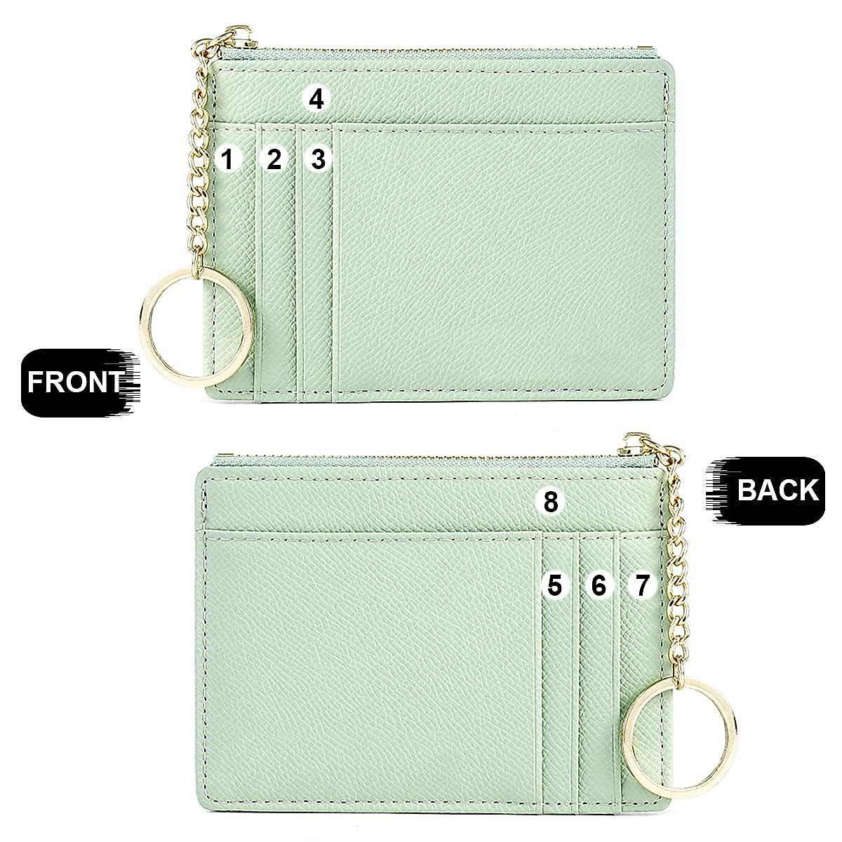 Valentoria Slim RFID Blocking Card Holder Small Pocket Wallet Keychian Zipper Coin Purse Minimalist Leather Cash & Coin & Cards Case for Women Men (Green)