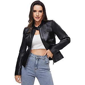 Fahsyee Women's Faux Leather Jackets, Zip Up Motorcycle Short PU Moto Biker Outwear Stand Collar Coat Size L Black