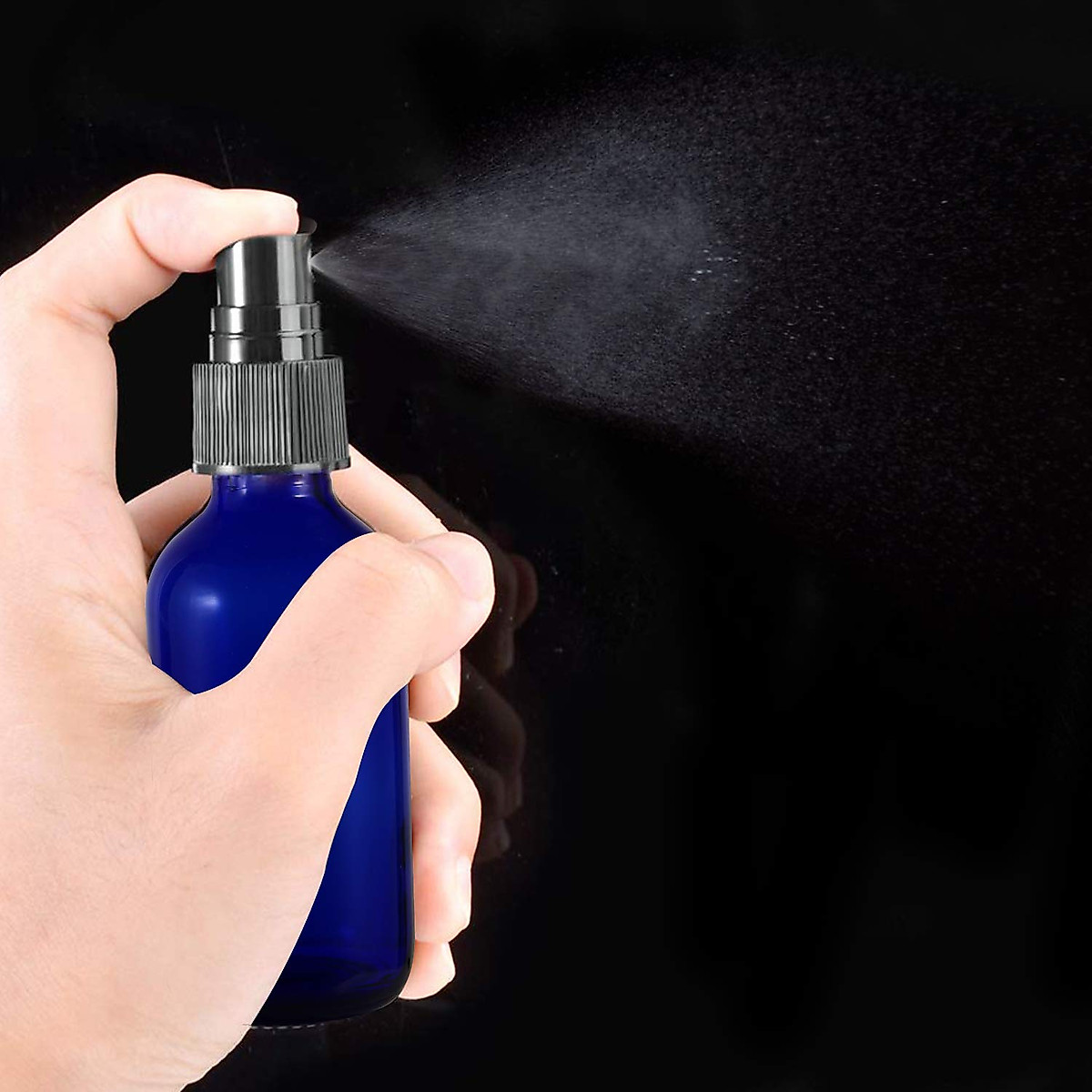 Ruckae 2 oz Glass Spray Bottles-18 Piece Set - With Funnel and Gold Glass Pen,Black Fine Mist Sprayers (Blue)