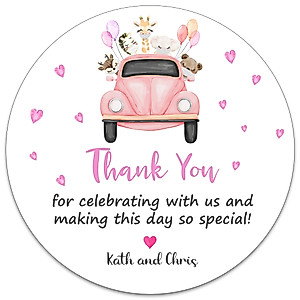 Baby Shower Favors Custom Stickers - Set of 36 Personalized Baby Shower Thank You Gifts Self Adhesive Flat Sheet 2 Inch Round Labels for Drive by Blue Baby Boy Shower Favors Theme (Pink)