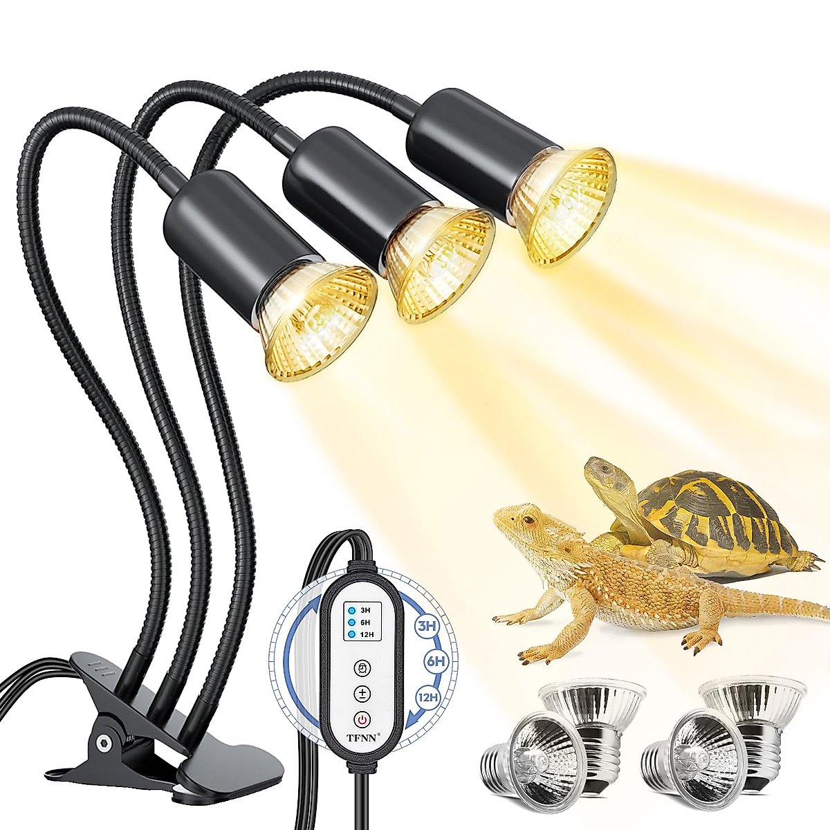 TFNN Reptile Heat Lamp, Three Head Reptile Light with Cycle Timer,UVA UVB light, dimmable Basking lamp for Tortoise, Bearded Dragon, Lizard, Snake, E26/27 Base with 4 Bulbs (50W)-Black
