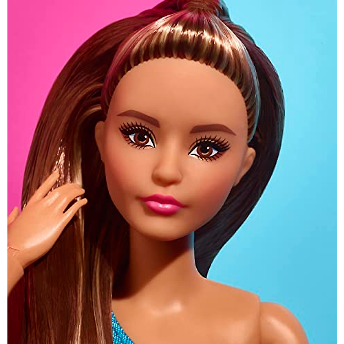 Barbie Looks Doll with Brown Hair Dressed in One-Shoulder Pink and Blue Midi Dress, Posable Made to Move Body Small