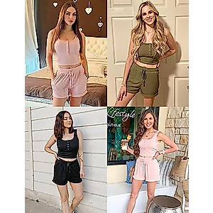 MEROKEETY Women's Summer Ribbed Pajama Set Crop Top and Shorts Sleeveless Lounge Outfits Sets with Pockets Maroon