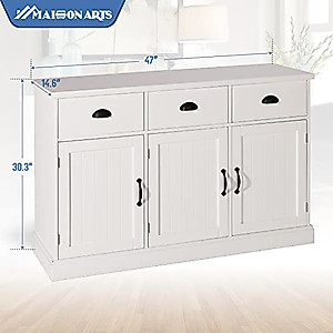 MAISON ARTS White Buffet Cabinet with Storage Kitchen Sideboard with 3 Doors & 3 Drawers Farmhouse Buffet Server Bar Cabinet Console Table for Dining Living Room Decorative Cupboard, White