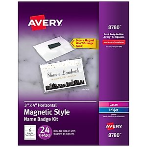 Avery Customizable Name Badges with Magnets, 3" x 4", Clear Name Tag Holders with White Printable Inserts, 24 Magnetic Name Badges (8780)