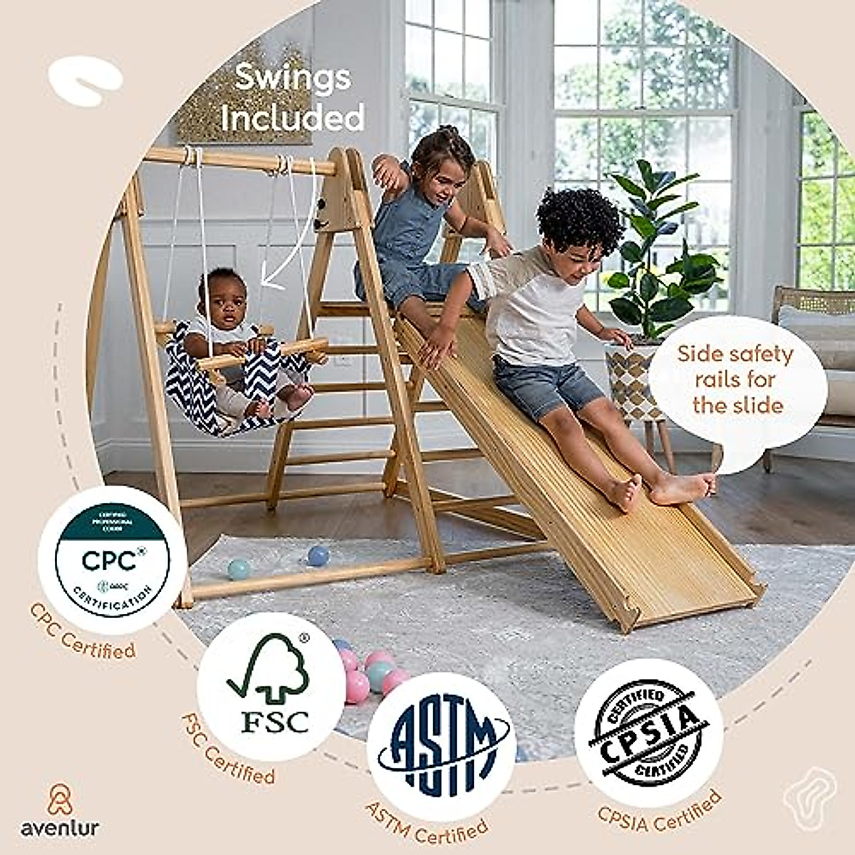 Avenlur 4-in-1 Juniper Indoor Play Gym - Jungle Gym Playset with Baby Swing, Slide, Ladder, and Climbing Wall - Foldable Wooden Playset - Indoor Jungle Gym for Kids Ages 18mo to 6yrs