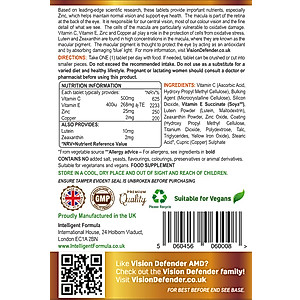 AREDS2 VISION DEFENDER AMD Supplement: Lutein, Zeaxanthin, Zinc, Vitamin E – AREDS 2 Eye Vitamins, Minerals, Nutrients for Eyes. 3 Months Supply (90 tablets) One-A-Day Vegan Eye Supplement. Made in UK