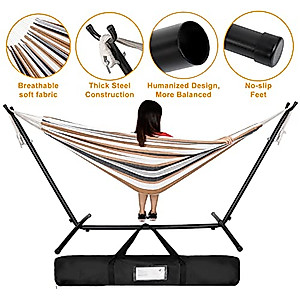 SUPER DEAL Portable Hammock with 9FT Space Saving Steel Stand, Double Brazilian Heavy Duty 620lb Capacity 2-Person Hammock with Carrying Case, 6 Optional Hook Positions for Camping Garden Yard Patio
