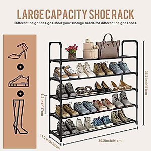 CazyHome 5 Tiers Shoe Rack, Stackable Metal Large Shoe Organizer, Easy Installation Detachable, 20 to 25 Pairs Shoes, Storage Shoe Shelf for Bedroom, Closet, Entryway, Black