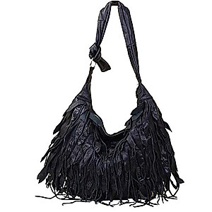 Segater® Women Black Sheepskin Hobo Bag Genuine Leather Patchwork Tassel Shoulder Bag Stripe Leisure Handbag and Purses Splice Crossbody Bags
