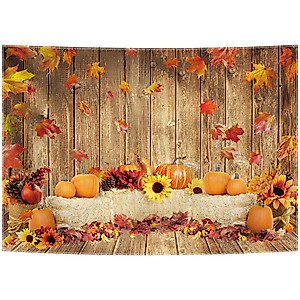 Fluzimir 10x7FT Autumn Fall Photo Backdrop for Photography Thanksgiving Day Wooden Pattern Maple Leaves Pumpkin Background Fall Friendsgiving Party Decorations Harvest Event Banner Decor