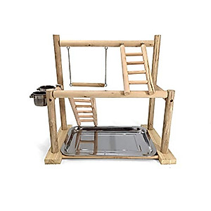 MINORPET Pet Bird Playpen, Wood Parrot Playstand Bird Playground Perch Gym Ladder with Toys Exercise Play, 2 Feeder Cups, Easy Assemble