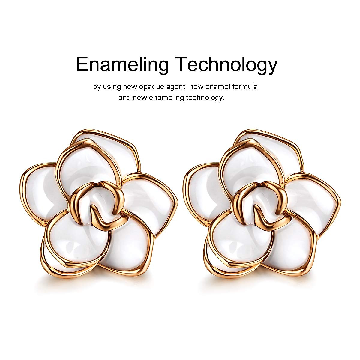 Flower Stud Earrings Hypoallergenic for Women - 18K Gold Plated Rose Earrings for Sensitive Ears, Nickel Free (Large White)