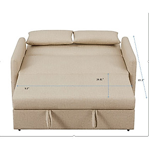 Melpomene Loveseat Sleeper Faux Leather Couch w/Pull-Out Bed and Adjustable Back, 57.1" Modern Convertible Sofa Bed w/ 2 Side Pockets and 2 Pillows (Khaki)