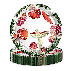 OXYLIPO 7" Red Mushroom Paper Plates Celebrate Party Tableware Round Disposable Dinner Paper Plates Set Red Mushroom Theme Party Paper Plates Festival Party Supplies, Pack of 24