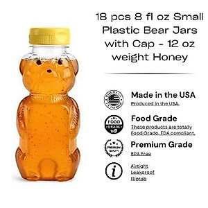 Nakpunar 18 Pack 8 fl oz Plastic PET Honey Bear Jars, Squeeze Bottles with Yellow Flip-Top Dispenser Caps w/Seals - Holds 12 oz Honey by Weight - BPA Free, Refillable and Made in USA