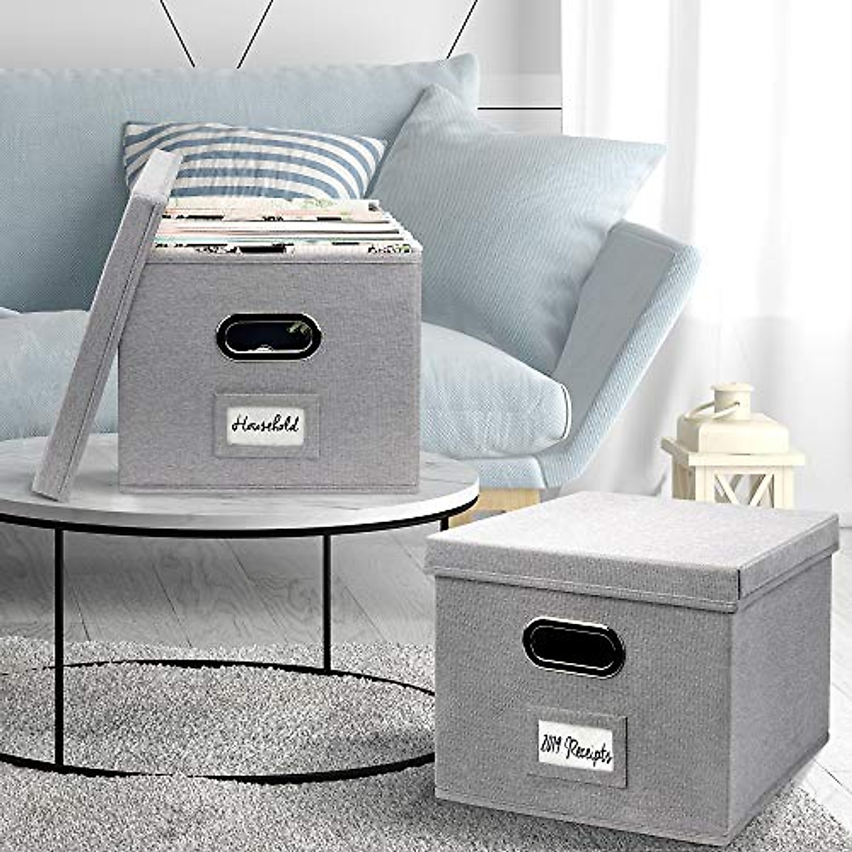 Decorative File Box Organizer Set of 2 - Collapsible Linen File Cabinet for Easy File Folder Storage - Store All Your Documents and File Folders in Style
