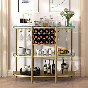 O&K FURNITURE Industrial Wine Rack Table with Glasses Holder, Liquor Bar Cabinet with Wine Storage, Freestanding Floor Wine Cabinet for for Bar, Buffet, Living Room
