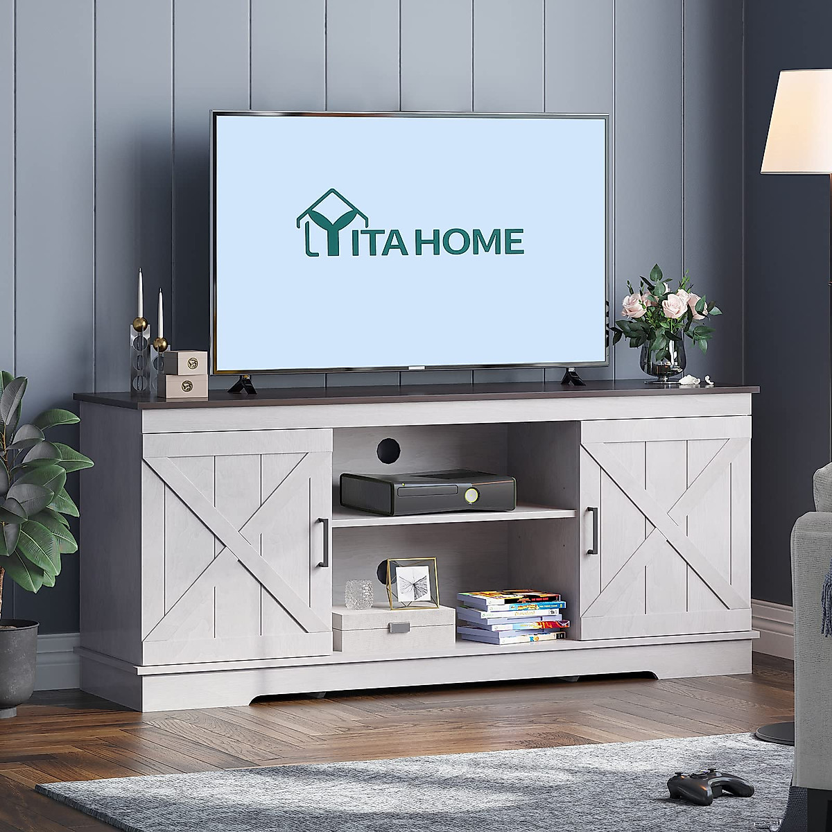 YITAHOME TV Stand for 65 Inch TV, Farmhouse Entertainment Center with Double Barn Doors and Storage Cabinets, Rustic TV Cabinet Media Console Table for Living Room, 59 Inch, Grey White/Espresso