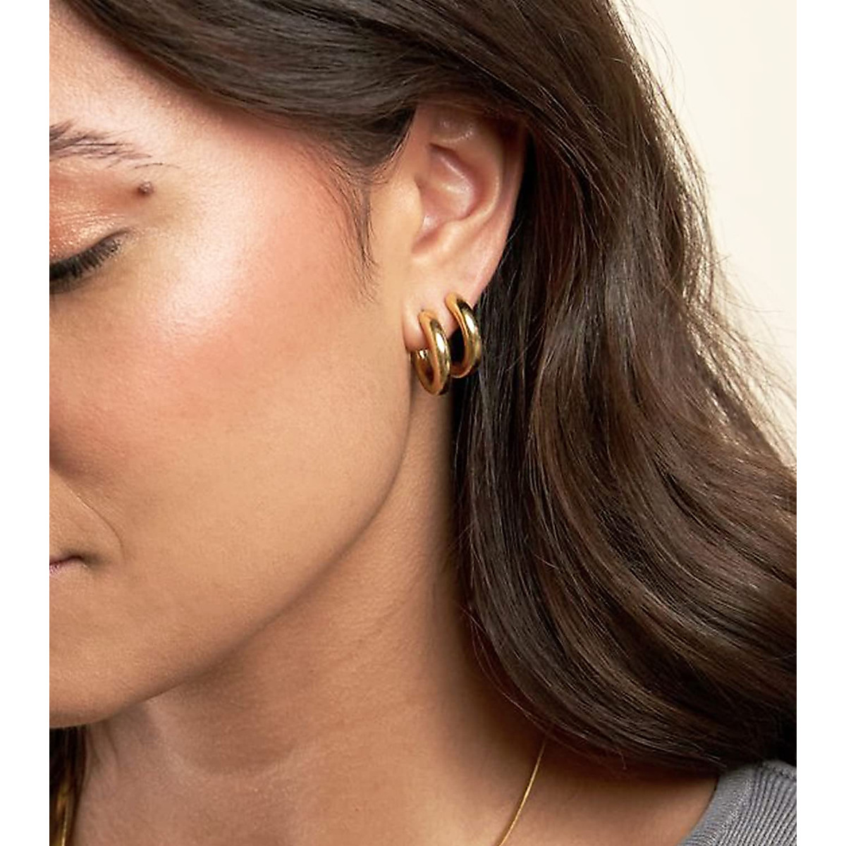 Gold Hoop Earrings Set 14k Real Gold Plated Huggie Earrings Hypoallergenic Chunky Twisted Thick Jewelry for Multiple Piercing for Women (gold hoop style01)