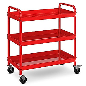 Goplus Service Cart, Heavy Duty 3-Tier Utility Cart with Flat Handle, 2 Lockable Universal Wheel, 400 lbs Capacity, Rolling Tool Cart for Garage, Kitchen, Hotel, Office, Workshop, Restaurant