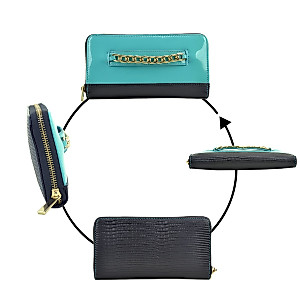 Dasein Gold Tone Chain Vegan Leather Zip Around Wallet Credit Card Purse - 12 Card Slots (8005 Orange)