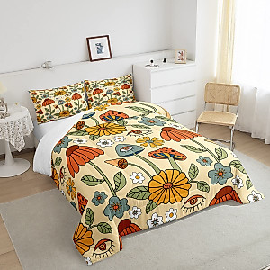Castle Fairy Retro Flowers Comforter Set Twin Size,70s Floral Mushroom Quilt Set for Kids Boys Bedroom Collection,Art Hippie Plant Eye Print Polyester Bedding with 1 Pillowcase,2Pcs
