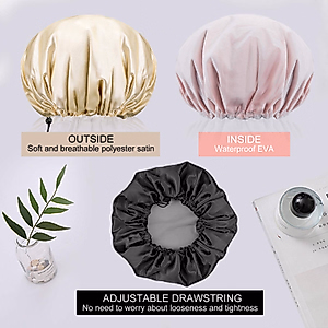 Shower Cap For Women Men 3PCS Shower Caps For Women Waterproof Extra Large Shower Cap Big Lined Rbersea Jumbo Reusable Shower Cap Long Hair Bonnet Set For Kids With Black Gold Pink Bath Cap Adjustable