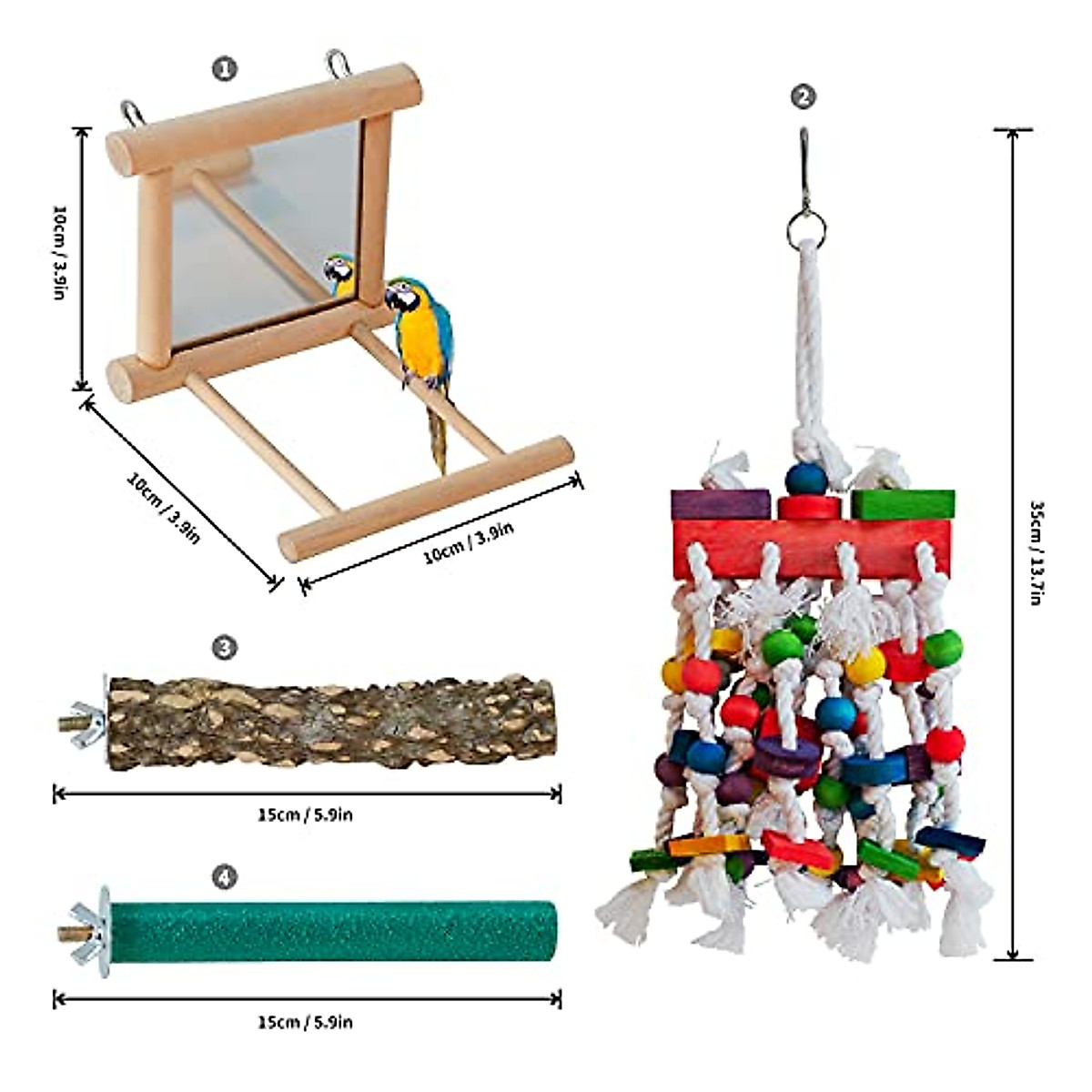 VECELA Parrot Toys, Bird Parrot Toys Set - Parrot Chewing Toys Knots Blocks, Parrot Mirror, Bird Perches - Bird Cage Toys for Budgies, Parakeets, Cockatiels, Conures, Lovebirds, Small or Medium Birds