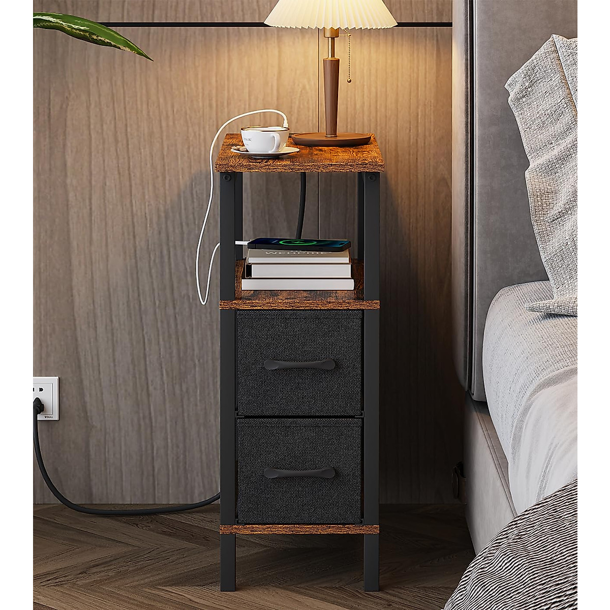 VIMBER Narrow Side Table for Small Spaces, Skinny End Table with Charging Station, Sofa Beside Table with 2 Drawers 1 Open Compartment, Slim Nightstand with USB Ports Outlet, Rustic and Brown UTBT004F