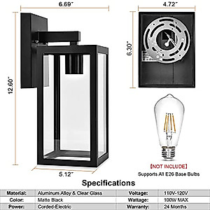 Outdoor Lights Fixtures Wall Mount Lantern for House Patio Exterior Wall Sconce Light Fixture with Clear Glass Shade Wall lights Matte Black Aluminum E26 Wall Lantern for Porch Garage Doorway, 2 Pack