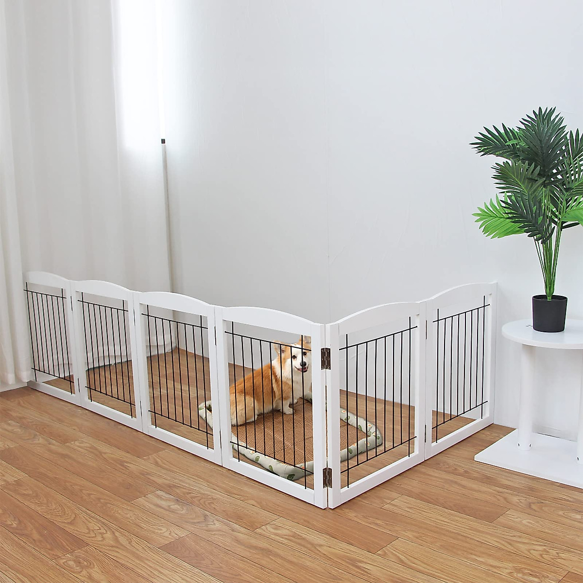 ZJSF Freestanding Foldable Dog Gate for House Extra Wide Wooden White Indoor Puppy Gate Stairs Dog Gates Doorways Tall Pet Gate 4 Panels Fence