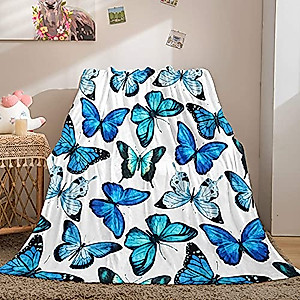 Butterfly Blanket Blue Butterfly Throw Blanket Flannel Fleece Blanket Chic Blue Super Soft Warm Plush Blanket for Bedroom Couch Sofa (Throw(50"x60"), Blue Butterfly)