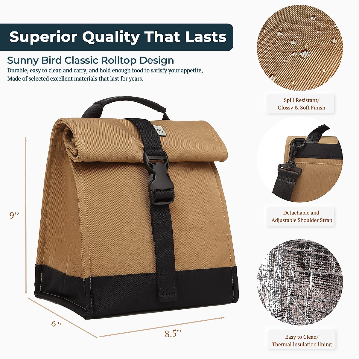 SUNNY BIRD Insulated Lunch Bag Rolltop Lunch Box Tote Bag for Women, Men, Adults and Teens (Brown)