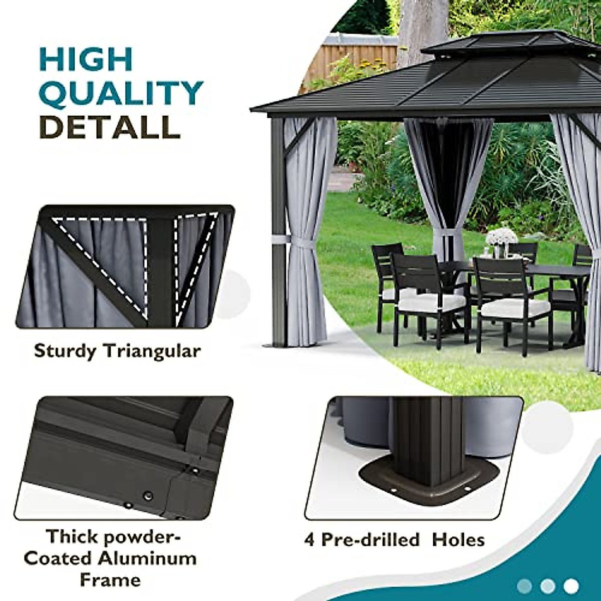 Binplax 10' x 12' Hardtop Metal Gazebo, Double Roof Gazebo with Aluminum Frame, Hardtop Gazebo with a Brown Mosquito Net and Privacy Sidewalls for Garden, Patio