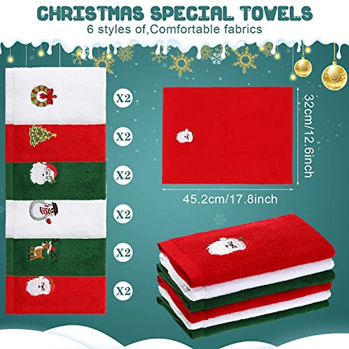Macarrie 12 Pcs Christmas Hand Towels Christmas Santa Reindeer Snowman Tree Embroidered Bathroom Kitchen Cotton Towels Absorbent Christmas Towels Christmas Washcloths, 13 x 18 Inch (Fresh Style)