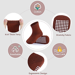 JAKIDAR 12 Pairs Baby Socks Cotton Crew Toddler Socks Grips Non Slip Bottom Kids Socks, Brown 12-24M