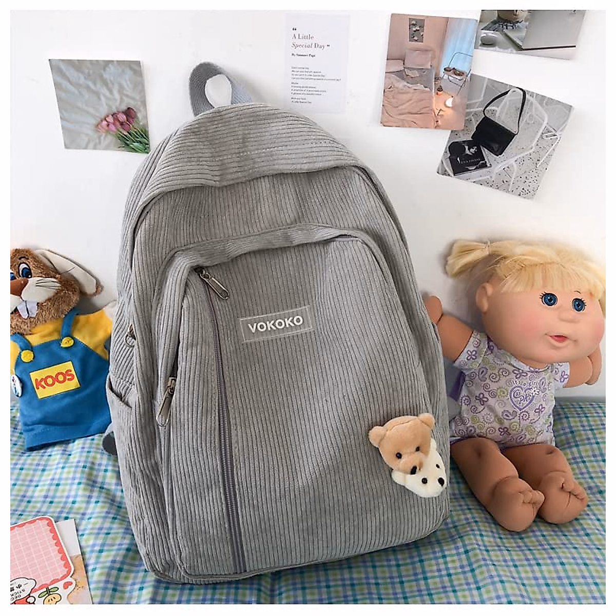 VIEOAGEO Kawaii Backpack with Cute Bear Pins Accessories for Teen Girls Women School Bag Super-Capacity (grey)