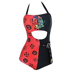Miraculous Women's Ladybug and Lady Noir Beach Halter One Piece Swimsuit Bathing Suit (as1, Alpha, x_l, Regular, Regular, Black and Red)
