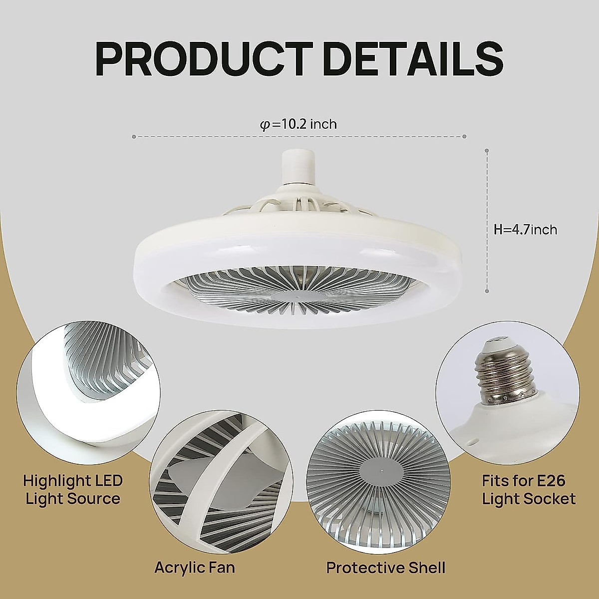 Enclosed Mini Ceiling Fan with Light, No Tools - Screw into any light socket 3 Speed Settings, 3 Brightness Settings up . Adjustable LED Mini Ceiling Fans for Bathroom/Bedroom/Living Room/Garage