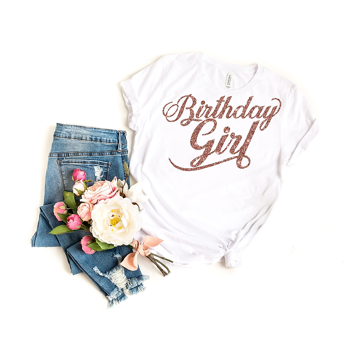 Birthday Shirts for Women - Rose Gold Flourish Birthday Girl T-Shirt - Large - White Tee(FlBdyGrl RG) Wht/Lrg