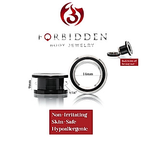 Forbidden Body Jewelry Ear Gauges, Tunnels for Ears, Ear Tunnels, Black and Silver Two Tone Rim PVD Over 316L Surgical Steel Screw Fit Tunnel Ear Gauges. (Size 9/16" 14mm) (Sold as Pairs)