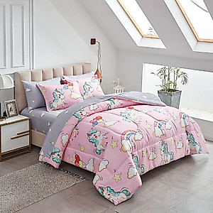 UOZZI BEDDING Kids Girls Bed in a Bag 7 Pieces Queen Size Unicorn Pink Comforter Set - (1 Soft Microfiber, Reversible Comforter, 2 Pillow Shams, 1 Flat Sheet, 1 Fitted Sheet, 2 Pillowcases)