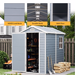 Jolydale 6’x4’ Outdoor Storage Resin Shed, Resin Utility Tool Shed Storage House with Lockable Door, for Backyard, Patio, Garden Bikes and Pool Accessories, Grey