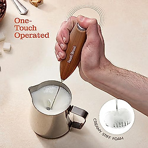 Powerful Handheld Milk Frother, Mini Milk Foamer, Battery Operated (Not included) Stainless Steel Drink Mixer with Frother Stand for Coffee, Lattes, Cappuccino, Frappe, Matcha, Hot Chocolate. (Wood)