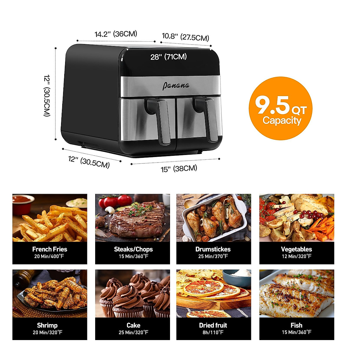 Panana XL 9.5 Quart 8 Preset Cooking Functions 2-Basket Air Fryer with 2 Frying Baskets, Match Cook & Smart Finish to Bake, Roast, Reheat, Broil, Dehydrate & More for Quick, Easy Meals