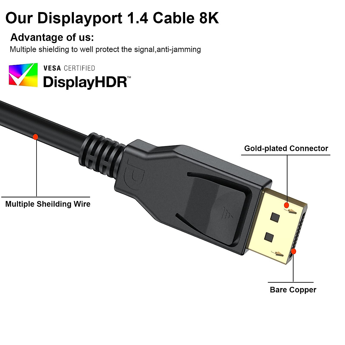 UVI2 8K DisplayPort to DisplayPort 1.4 Cable, VESA Certified Display Port Cable 6ft, DP to DP Cable Cord Support [1440P@144Hz, 1080P@240Hz, 4K@120Hz, 8K@60Hz] & HDR