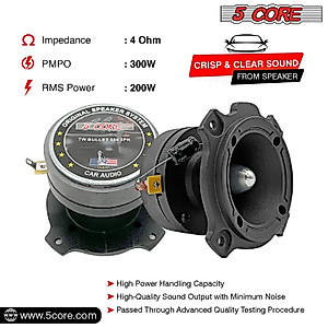 5 CORE 6.5" Inch Mid-Range Replacement Pro Audio Car Speaker 1600W Max 4 Ohms and 2.8 Inch Super Tweeter 2 Pieces - MR6.5-4oHMX2Pcs+TW-BULLET180X2Pcs