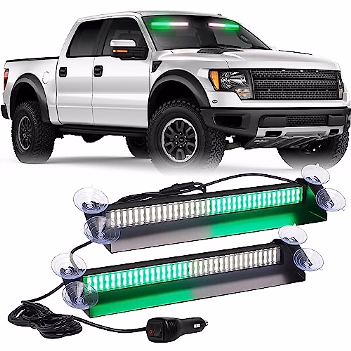 XRIDONSEN Emergency Dash Strobe Lights 144 LED Green White Warning Hazard Safety 2x 14.5 inch Front/Rear Interior Windshield Lights w/Suction Cups Deck Split Mount for Firefighter Vehicles Trucks